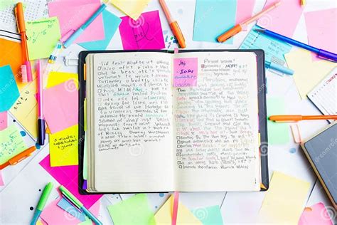 Open Notebook With Pages Filled With Handwritten Notes Surrounded By