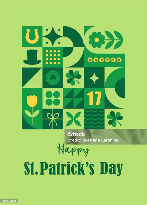 성 패트릭 데이 포스터 빈티지 네오 기하학적 디자인 엽서 와 녹색 원시적인 모양 요소 아일랜드 휴일에 대 한 복고풍 축제 배경 벡터 일러스트 레이 션 바우 하우스 미니멀