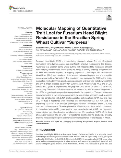 Pdf Molecular Mapping Of Quantitative Trait Loci For Fusarium Head Blight Resistance In The