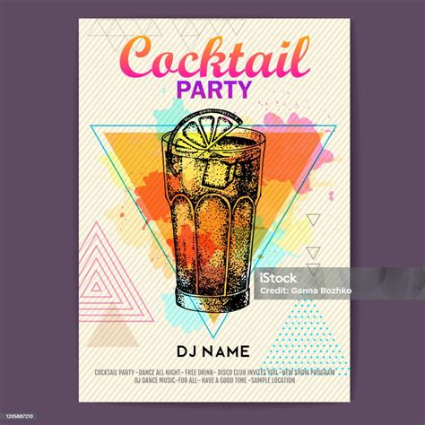 예술적인 다각형 수채화 배경에 칵테일 롱 아일랜드 아이스 티 칵테일 디스코 파티 포스터 Dj에 대한 스톡 벡터 아트 및 기타