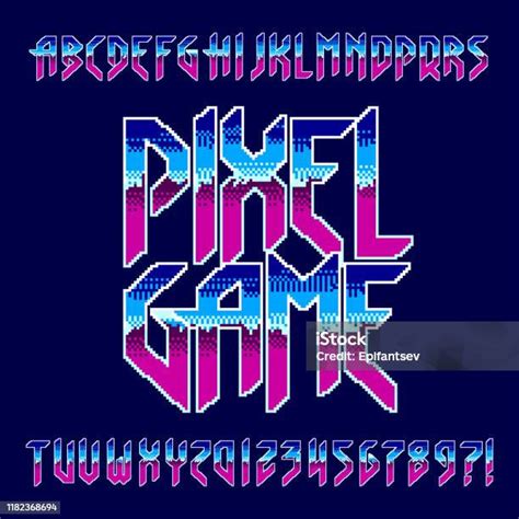 픽셀 게임 알파벳 글꼴입니다 하드 록 스타일의 복고풍 디지털 문자와 숫자 컴퓨터 글자에 대한 스톡 벡터 아트 및 기타 이미지