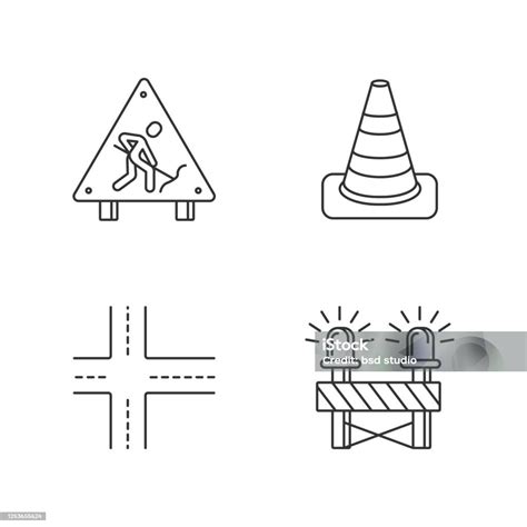 도로는 픽셀 완벽한 선형 아이콘 세트를 작동합니다 미리 표지판을 건설 트래픽 콘입니다 장벽에 사이렌 사용자 정의 가능한 얇은 선 윤곽 기호 격리된 벡터 개요 그림입니다 편집