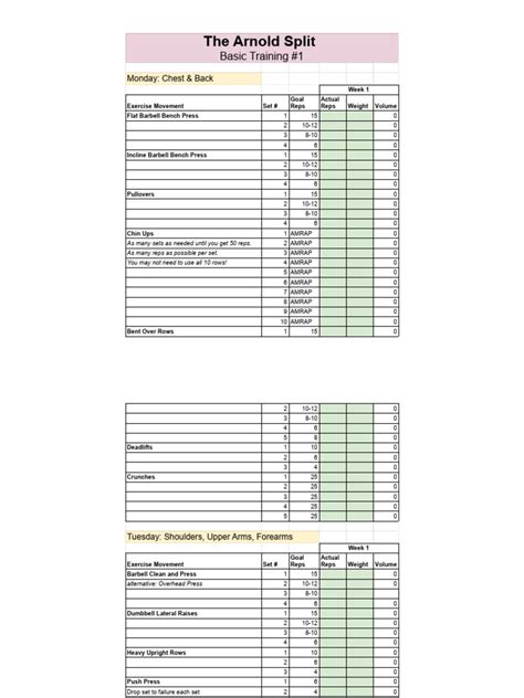 Arnold Split Workout Routine Spreadsheet Basic Training Program 1