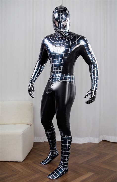 Men Latex Catsuits Cosplay Black Silver Spider Coverage Latexbuy