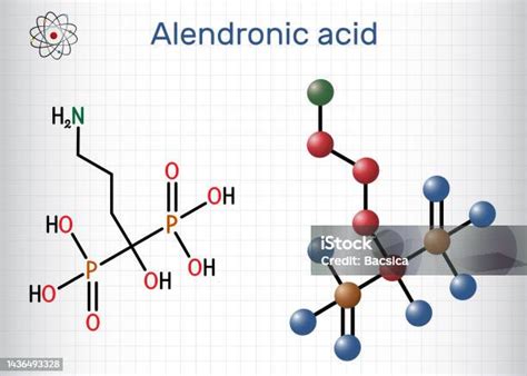 알렌드론산 분자 그것은 골다공증의 치료에 사용되는 비스포스포네이트 약물입니다 구조 화학 공식 분자 모델 케이지에있는 종이 시트