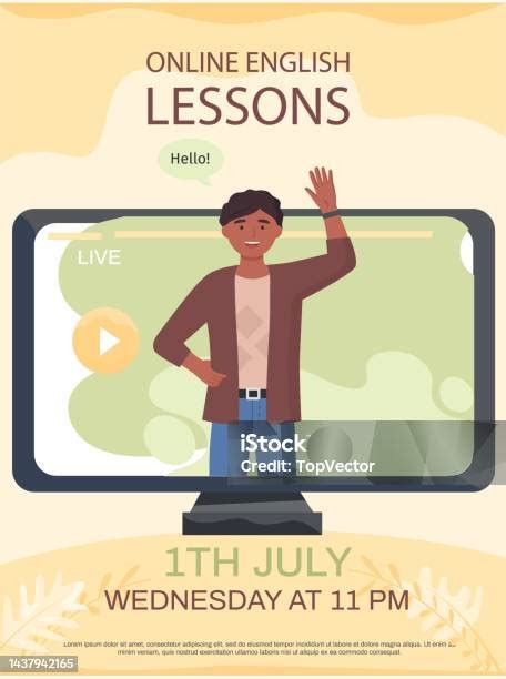 화면에 원어민과 함께하는 온라인 영어 수업 남자는 외국어를 가르친다 개념에 대한 스톡 벡터 아트 및 기타 이미지 개념 검은색 공부 Istock