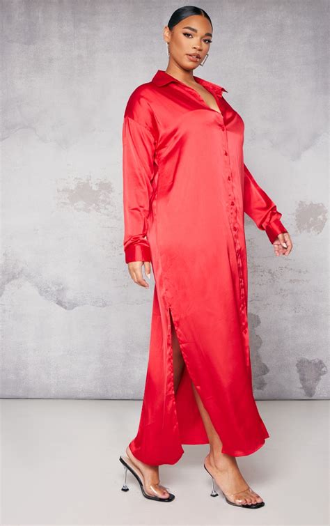 Plus Red Satin Maxi Shirt Dress Plus Size Plt Ire