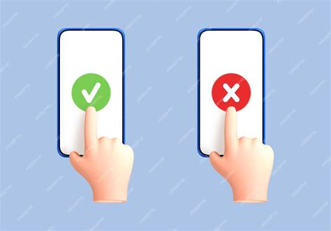 3d 만화 손은 확인 표시가 있는 스마트폰을 사용합니다 틱 및 교차 확인 표시 아이콘 확인 표시와 스마트폰 화면의 십자가 벡터 3d 그림 프리미엄 벡터