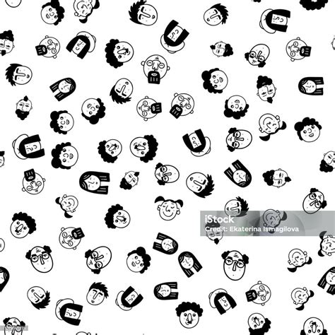 행복한 사람들 미소와 행복 이미지가 있는 다양한 문화적 배경을 가진 다양한 사람들의 군중의 원활한 패턴을 손으로 그린 군중에 대한 스톡 벡터 아트 및 기타 이미지 Istock