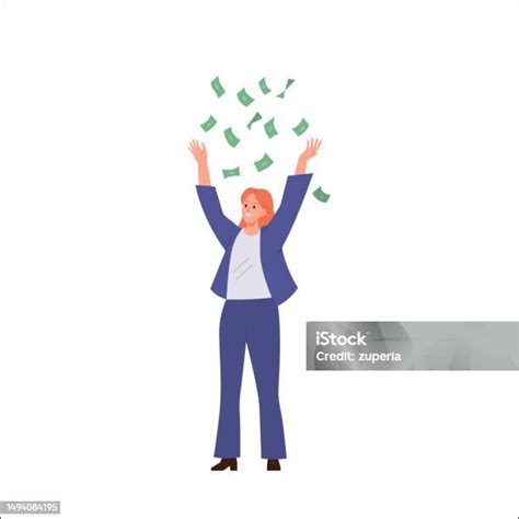 정장을 입은 긍정적인 비즈니스 우먼 캐릭터는 돈 현금 비 잡는 화폐 아래에 서 있다 경제에 대한 스톡 벡터 아트 및 기타 이미지 경제 금융 긍정적인 감정 표현