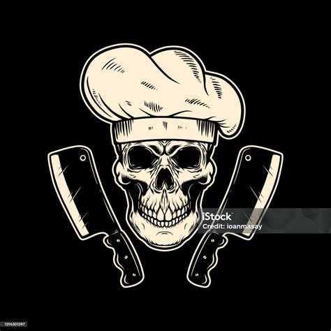 요리사 두개골과 고기 칼의 그림 라벨 기호 엠블럼용 디자인 요소 벡터 일러스트레이션 부엌 칼에 대한 스톡 벡터 아트 및 기타 이미지 부엌 칼 테이블 나이프 할로윈