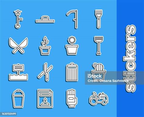 세트 라인 트랙터 선인장 및 즙이 많은 냄비 정원 갈퀴 낫 식물 원예 수제 가위 잔디 잡초 전기 스트링 트리머 및 꽃 아이콘 벡터 공포 무서움에 대한 스톡 벡터 아트 및