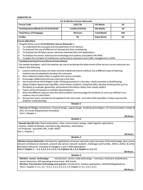 Iot And Wireless Sensor N W Syllabus Pdf Wireless Sensor Network