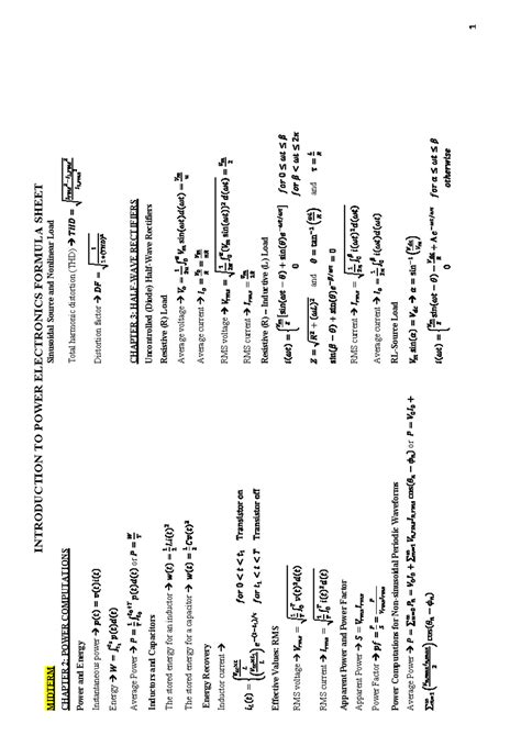 Midterm Exam Formula Sheet Introduction To Power Electronics Formula