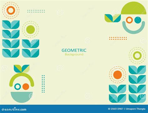 Abstract Geometric Template Flat Design With Simple Shapes Of Circles Lines And Leaves On A