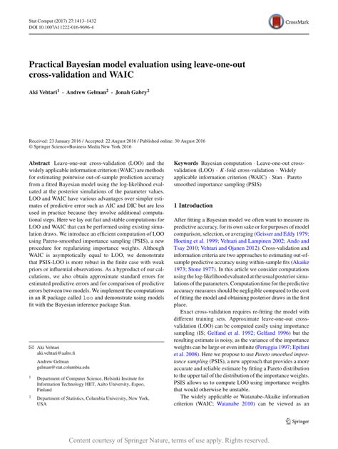 Practical Bayesian Model Evaluation Using Leave One Out Cross Validation And Waic Request Pdf