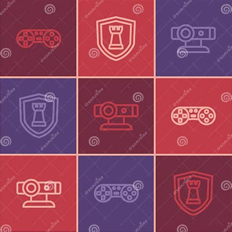 set line game controller or joystick web camera and chess shield icon vector stock vector