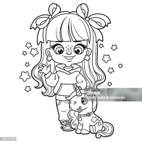 부드러운 장난감 유니콘을 가진 귀여운 만화 소녀는 흰색 배경에 색칠 공부 페이지를 위해 윤곽을 그렸습니다 공주에 대한 스톡 벡터 아트 및 기타 이미지 Istock