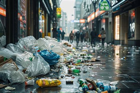 street littered with packaging in busy shopping area environmental