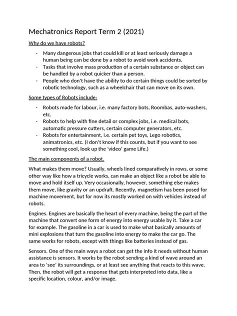 Mechatronics Report Term 2 2021 Pdf Robot Games And Activities