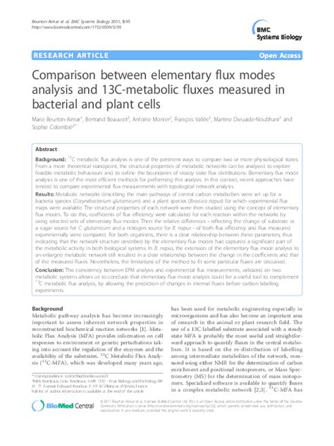 Pdf Comparison Between Elementary Flux Modes Analysis And 13c Metabolic Fluxes Measured In