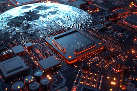Graphic Of 3d Model Of Data Integration On A Lunar Electronic Mainboard Stock Illustration