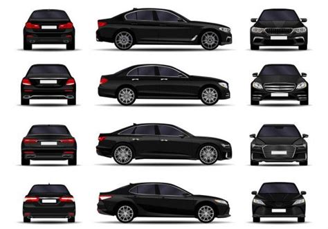 현실적 인 자동차 세트 세단 앞모습 옆모습 뒷모습 — 스톡 일러스트레이션 Sidecar Offroad Vehicles Illustration