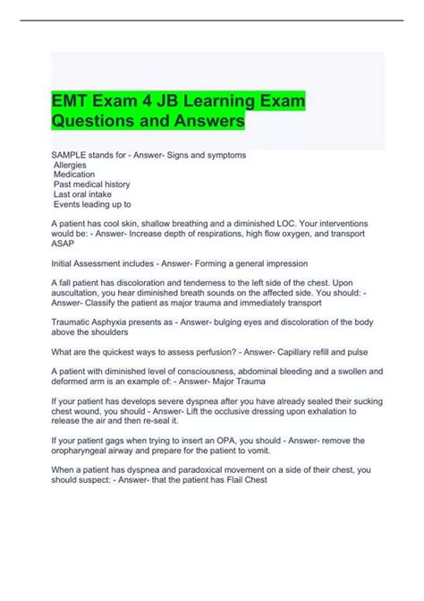EMT Exam 4 JB Learning Exam Questions And Answers 100 Correct EMT JB Learning Stuvia US
