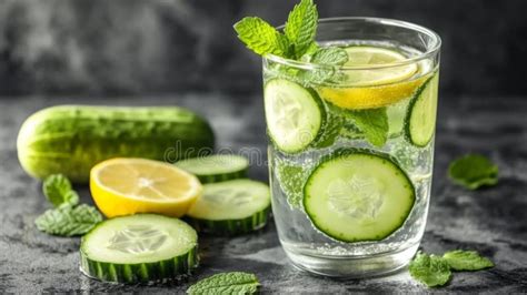 Cucumber Lemon And Mint Infused Water In A Glass Stock Illustration Illustration Of