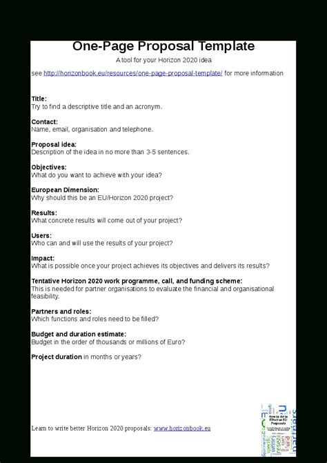 Onepage Proposal Template Horizonbook Within Idea Proposal Template Examples Of