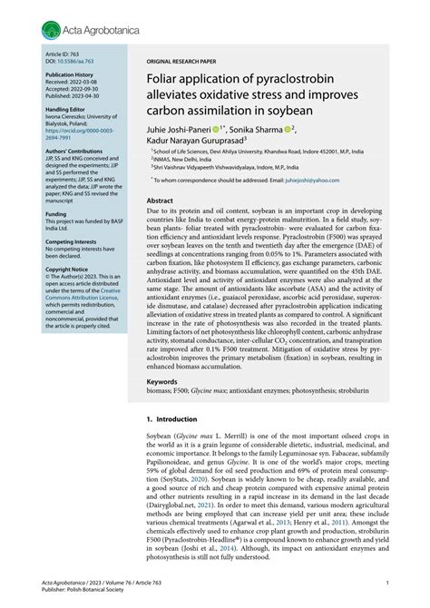 Pdf Foliar Application Of Pyraclostrobin Alleviates Oxidative Stress And Improves Carbon