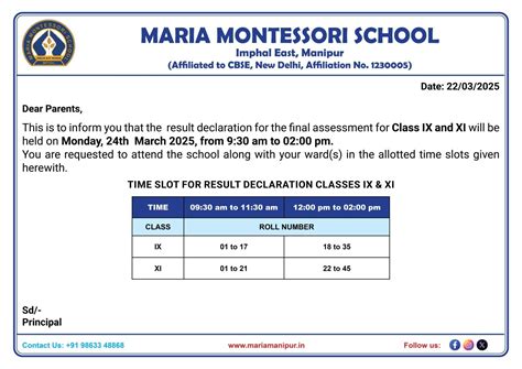 result declaration for class ix and xi maria montessori school