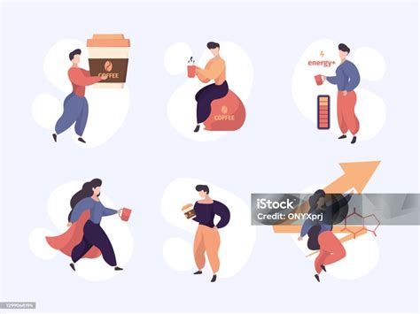 카페인 자극 에너지인의 컵 컨셉에서 뜨거운 음료를 마시는 에너자이저 사람들은 좋은 감정 오피스 티 휴식 시간 장식 벡터 양식화