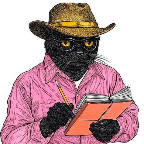 Stylish Black Cat In A Cowboy Hat Writing In A Notebook A Whimsical