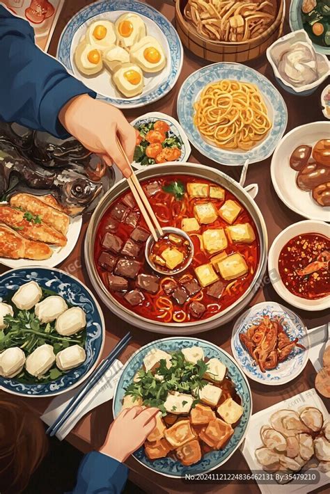 Ai创作图年夜饭插画 团圆饭插画 团圆聚餐吃饭插画 餐年插画 春节火锅插画 豆泡儿汤插画 吃火锅场景 吃面插画 宵夜插画 酒席插画 夜宵插画 卤水拼盘插画 大碗面插画 杭帮菜插画 潮汕火锅插画