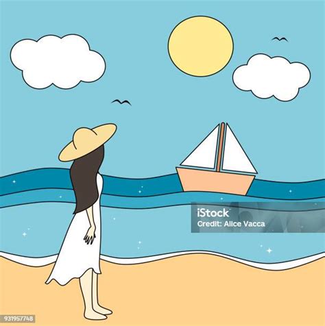 화창한 날에는 바다를 보고 여자와 귀여운 만화 벡터 일러스트 레이 션 계절에 대한 스톡 벡터 아트 및 기타 이미지 계절 관광 관광객 Istock