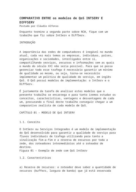 Docx Comparativo Entre Os Modelos De Qos Intserv E Diffserv Dokumen