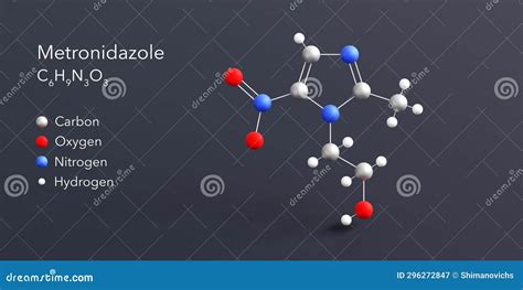Metronidazole Molecule 3d Rendering Flat Molecular Structure With Chemical Formula And Atoms