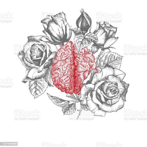 꽃다발 과 뇌 장미 인간의 내부 기관과 꽃 프레임의 현실적인 손으로 그린 아이콘 조각 예술 스케치 스타일입니다 의료 프로젝트에 대한 디자인 개념은 바이러스 성 재활 포스터