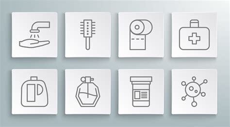 세정제 헤어브러시 향수 의약품 병 바이러스 화장지 롤 응급 처치 키트 및 비누 아이콘으로 손을 씻기 위한 세트 병 벡터 건강 진단에 대한 스톡 벡터 아트 및 기타 이미지