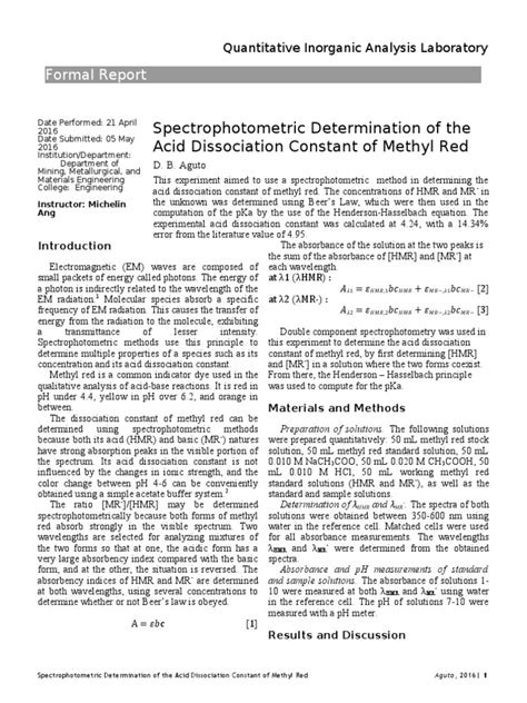 Spectrophotometric Determination Of The Pdf Spectrophotometry Acid Dissociation Constant