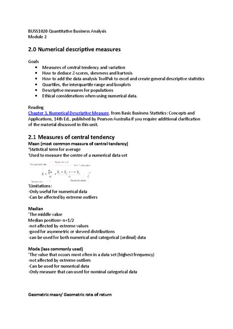 Module 2 Notes Buss1020 Quantitative Business Analysis Module 2 2