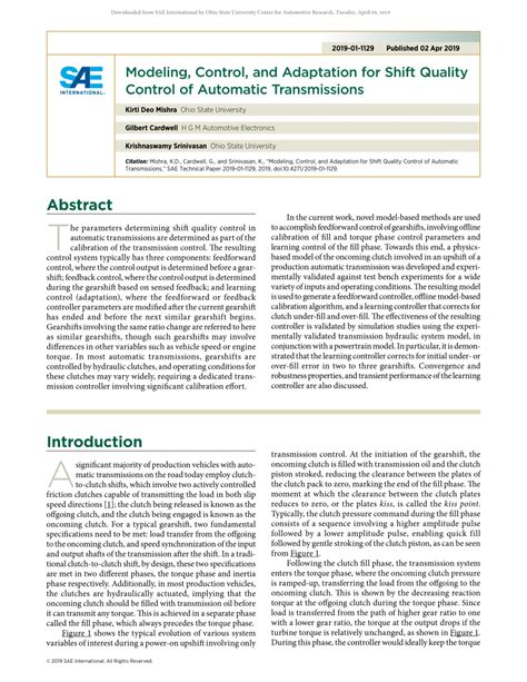 Pdf Modeling Control And Adaptation For Shift Quality Control Of Automatic Transmissions