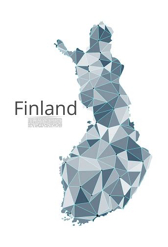 핀란드 통신 네트워크 지도 포인트와 모양과 공간으로 구성된 도시 또는 인구 밀도의 형태로 라이트가있는 글로벌맵의 낮은 폴리 이미지 벡터입니다 편집하기 쉬운 0명에 대한 스톡