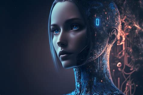 Premium Ai Image Modern Futuristic Female Humanoid Robot Portrait With Technology Details On