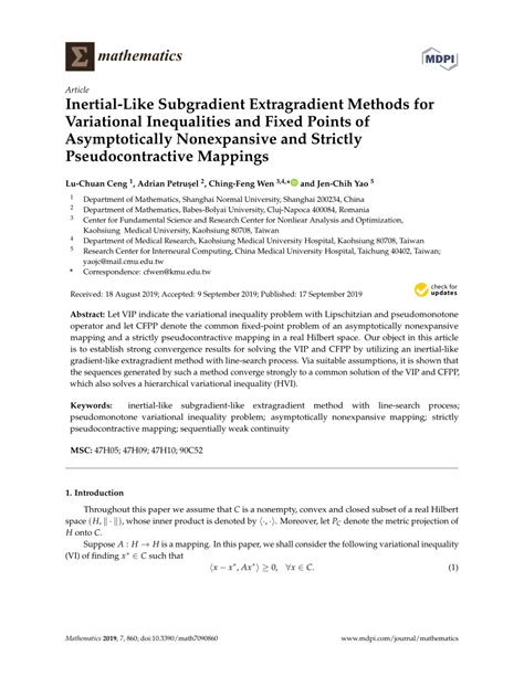 Pdf Inertial Like Subgradient Extragradient Methods For Variational Inequalities And Fixed