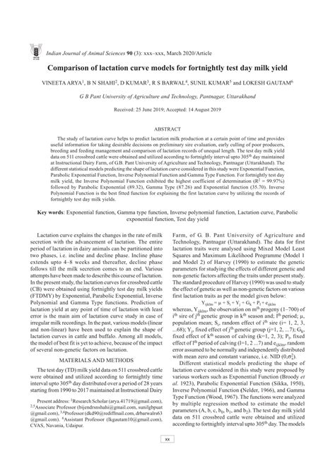 Pdf Comparison Of Lactation Curve Models For Fortnightly Test Day