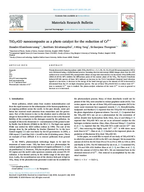 pdf tio2∙rgo nanocomposite as a photo catalyst for the reduction of cr6