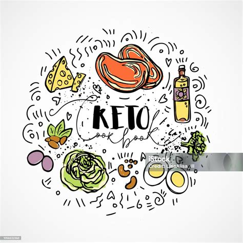 책벡터 일러스트 레이 션 스케치keto 쿡 멀티 컬러 스케치 건강 한 개념 질감과 형태로 원모든 영양소 지방 탄수화물 및 단백질 음식 아이콘 장식 요소와 함께 건강 한