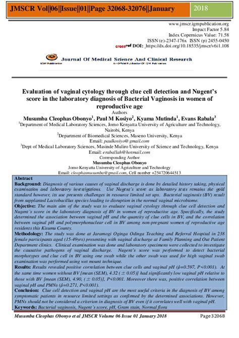 Pdf Evaluation Of Vaginal Cytology Through Clue Cell Detection And Nugents Score In The